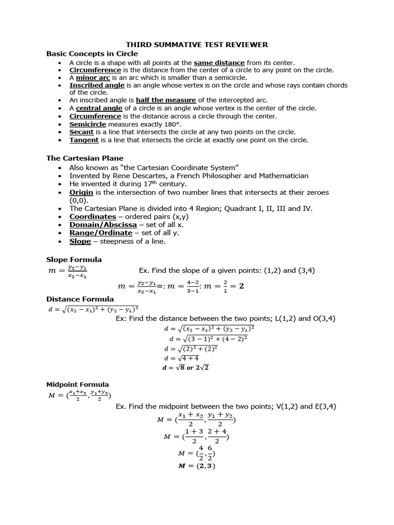 Third Summative Test Reviewer | PDF | Circle | Cartesian Coordinate System
