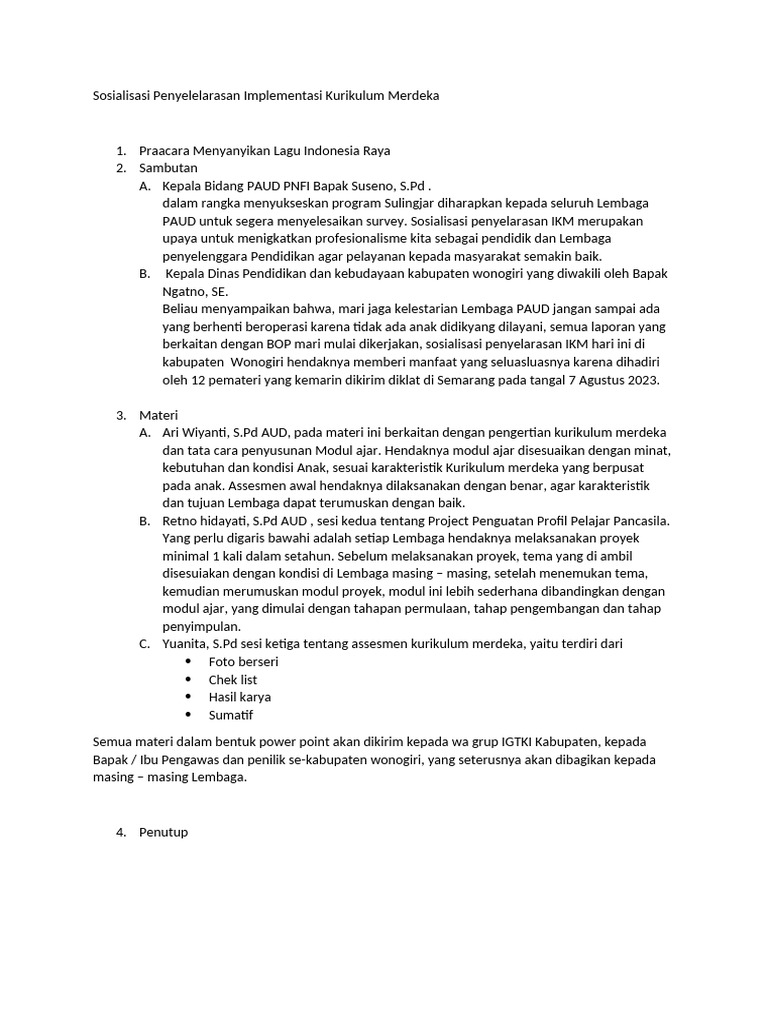 Sosialisasi Penyelelarasan Implementasi Kurikulum Merdeka | PDF