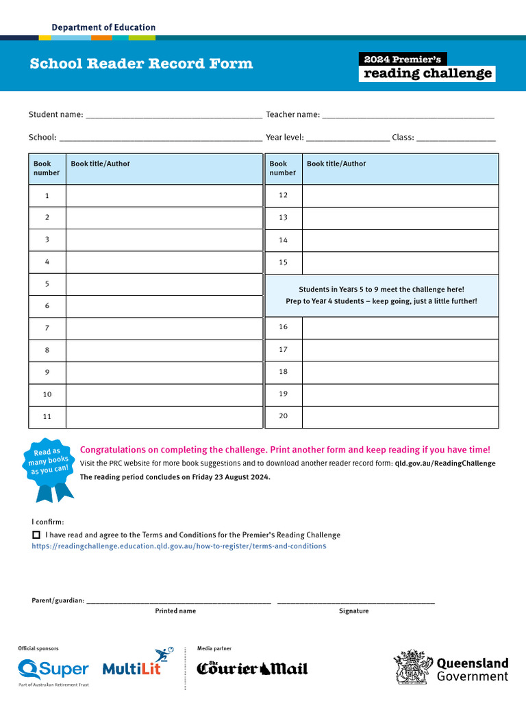2024 Premier's Reading Challenge Form | PDF