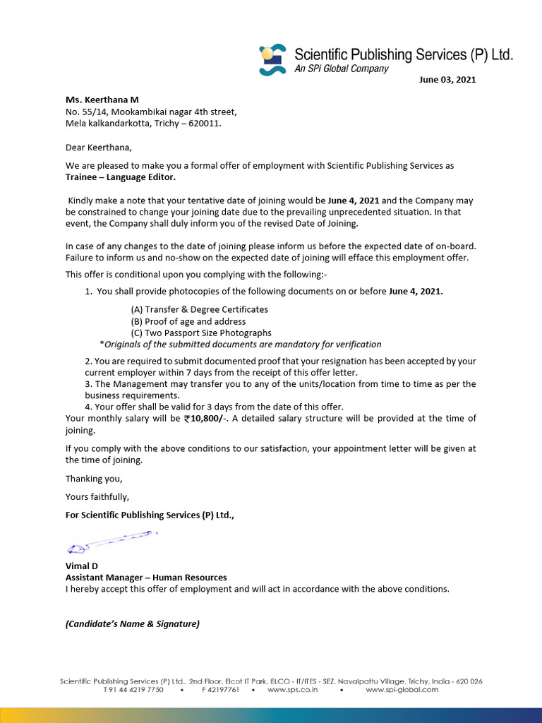 Offer Letter for Trainee Language Editor | PDF