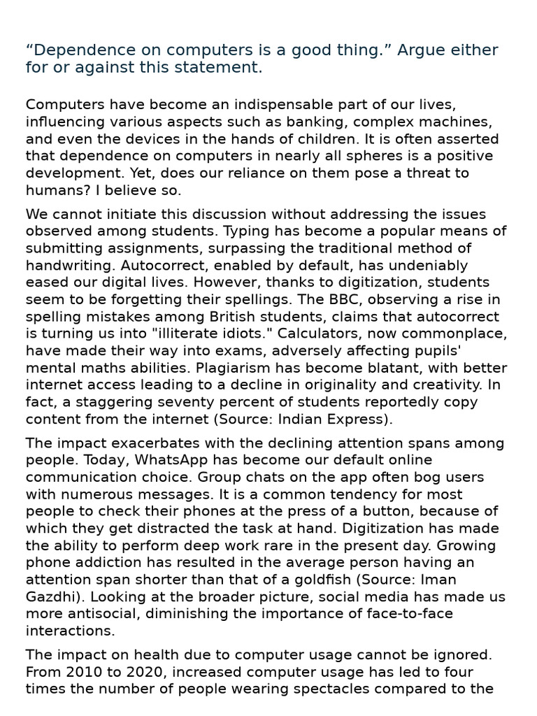 Dependence On Computers Is A Good Thing | PDF | Social Media | Popular ...