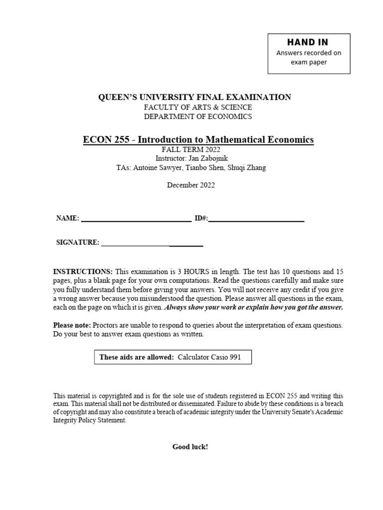 ECON 255 - Final Fall 2022 - 5 Dec 2024 | PDF | Applied Mathematics ...