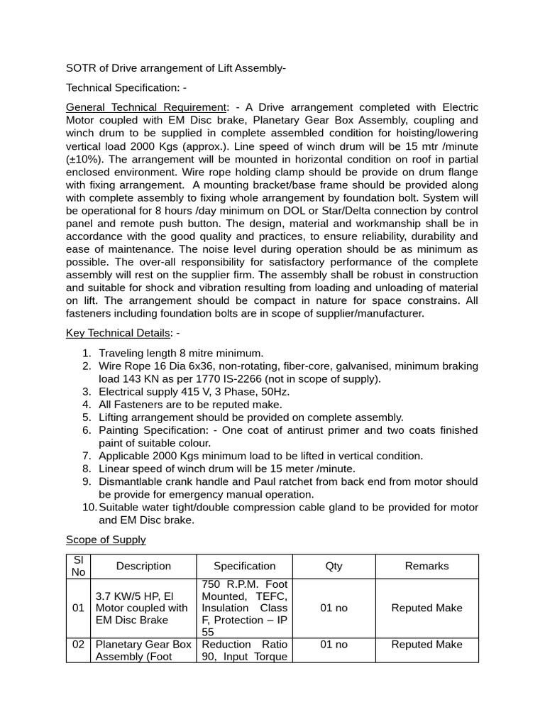 Lift Assembly Drive Arrangement Specs | PDF | Elevator | Manual ...