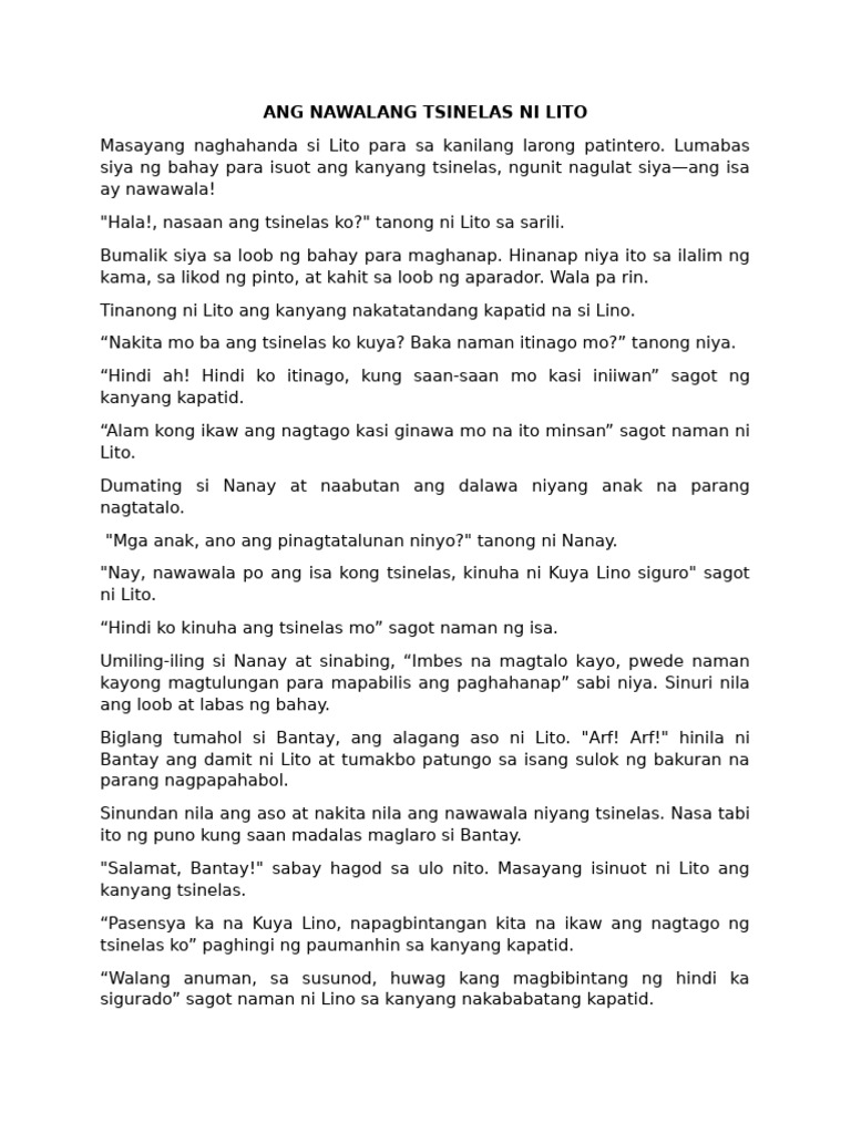 Ang Nawalang Tsinelas Ni Lito | PDF