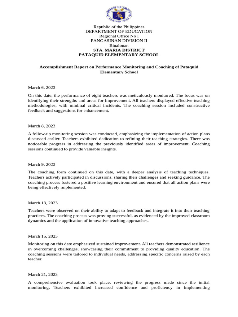 Accomplishment Report On PMCF | PDF | Teachers | Human Communication