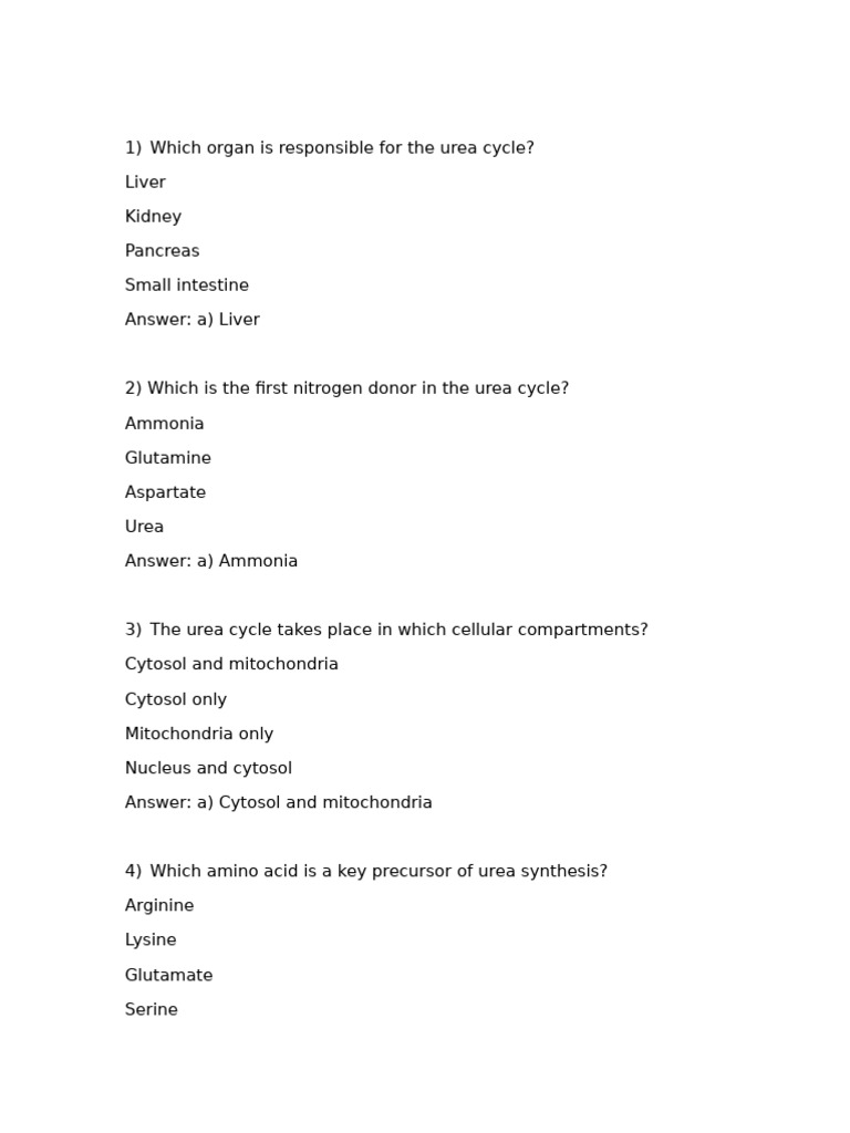 Urea cycle ammonia metabolism mcqs bank | PDF | Biosynthesis | Amino Acid