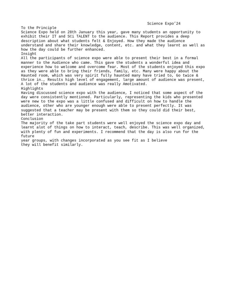 Science Expo 2024 Report Summary | PDF