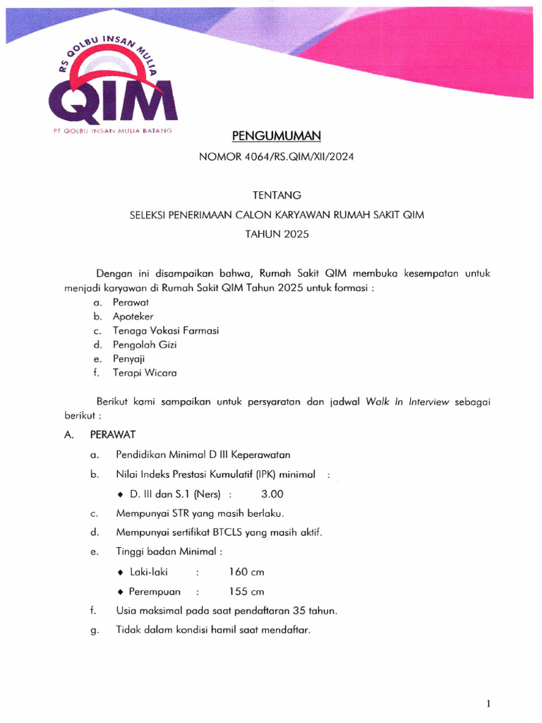 PENGUMUMAN-SELEKSI-PENERIMAAN-KARYAWAN-RS-QIM | PDF