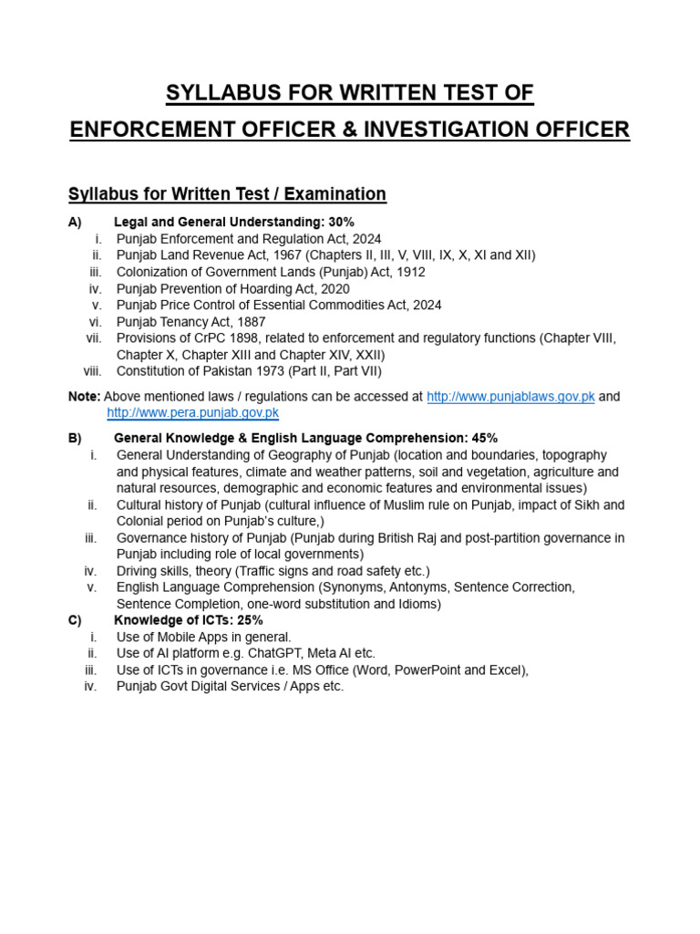 Syllabus For Written Test of Enforcement Officer & Investigation ...