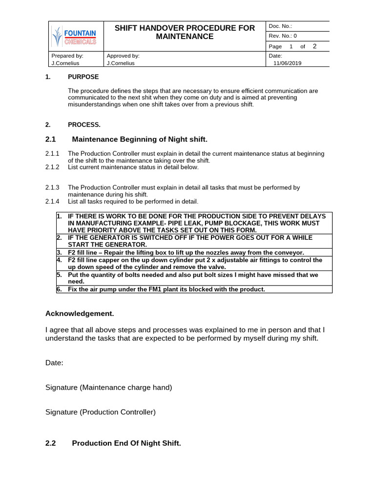 Maintenance Shift Handover Procedure | PDF | Pump | Mechanical Engineering