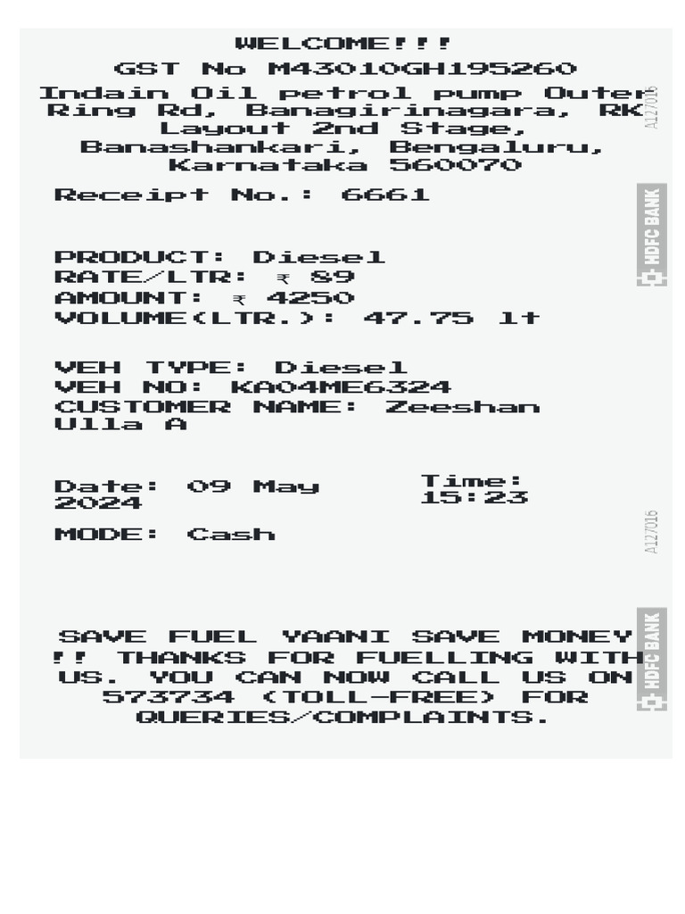 Fuel Receipt for Diesel Purchase | PDF