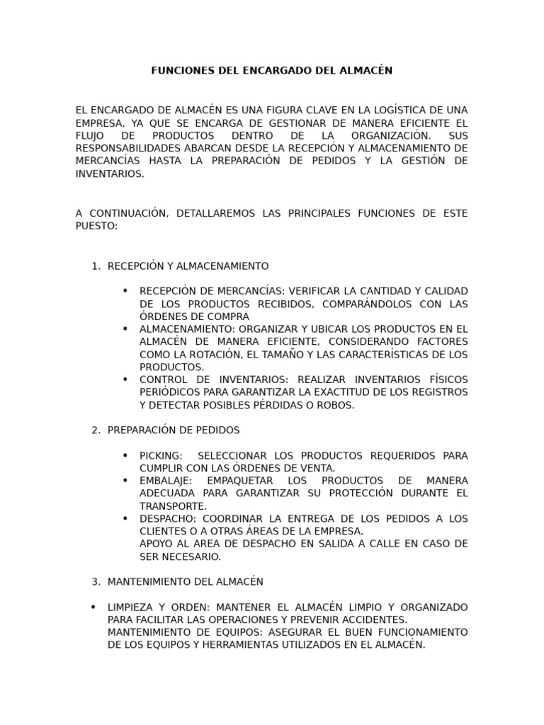 Funciones Clave del Encargado de Almacén | PDF | Almacén | Calidad ...