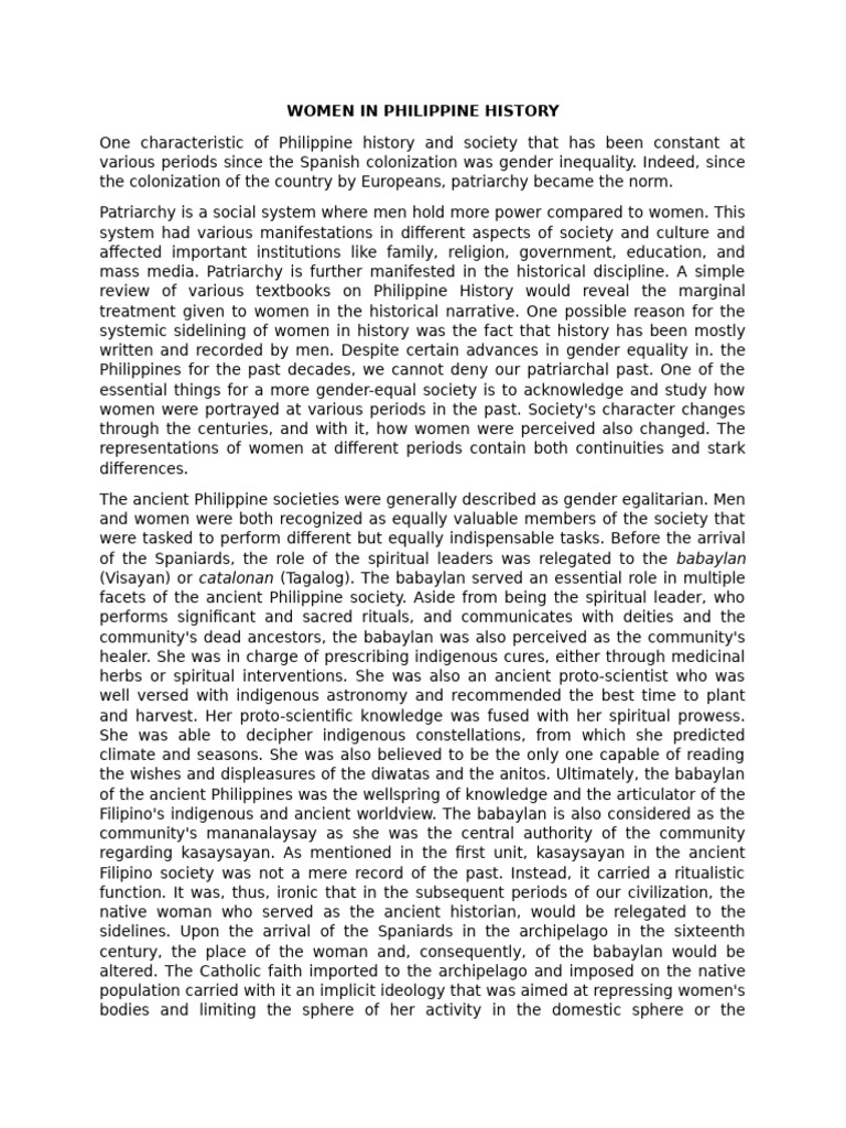 WOMEN IN PHILIPPINE HISTORY | PDF | Patriarchy | Egalitarianism