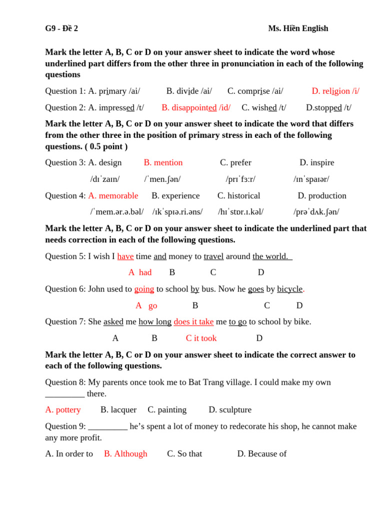 Đề Kiểm Tra Giữa Kì G9 - Đề 2 Key | PDF