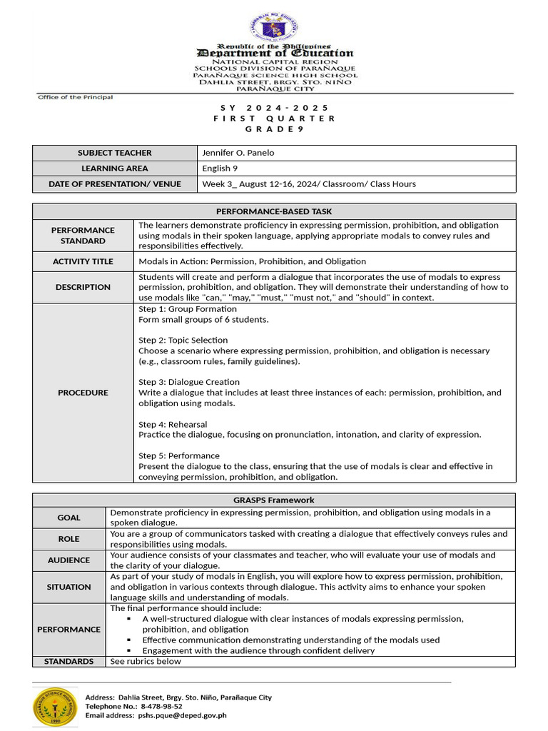 Q1 - E9 - Performance-Based Task | PDF | Learning | Cognition