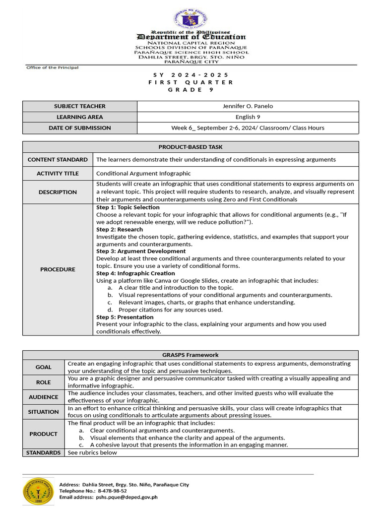q1 E9 Product-Based Task Template | PDF | Infographics | Argument