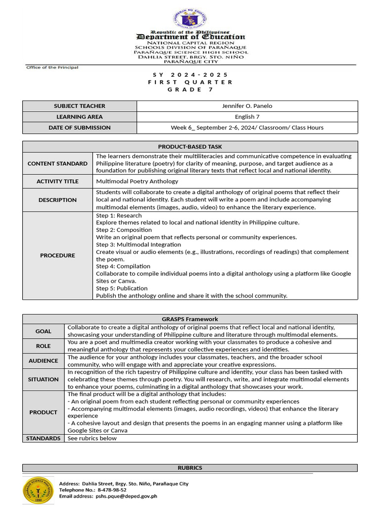 Q1_E7_PRODUCT-BASED TASK TEMPLATE | PDF | Poetry | Human Communication