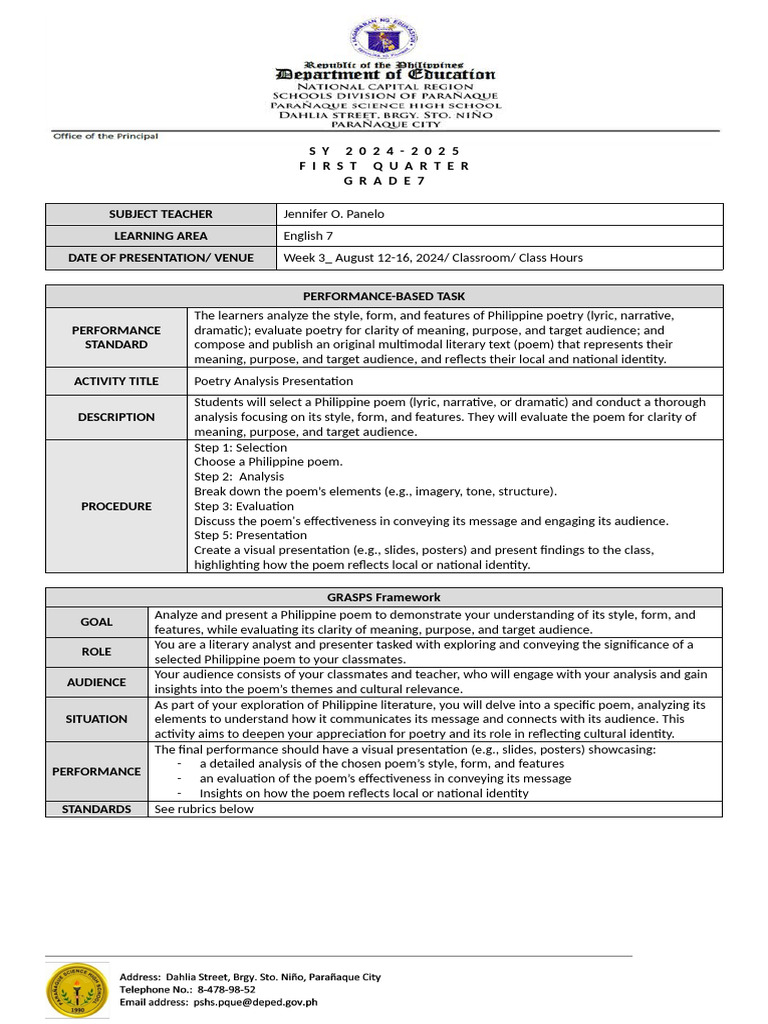 Q1 - E7 - Performance-Based Task Template | PDF | Poetry | Evaluation