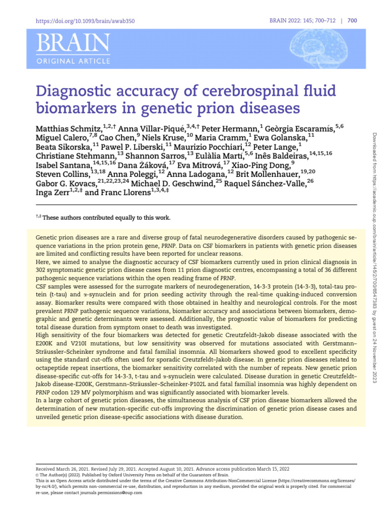 Diagnostic Accuracy of Cerebrospinal Fluid in | PDF | Sensitivity And Specificity | Biomarker