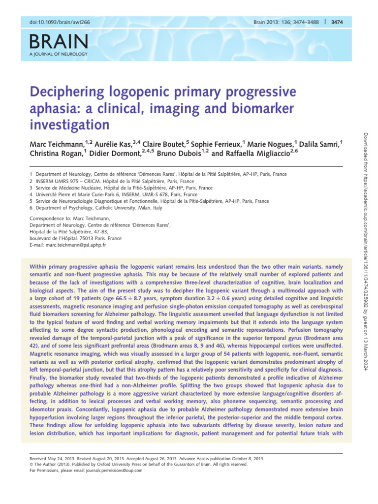 Deciphering Logopenic Primary Progressive | PDF | Aphasia | Alzheimer's ...