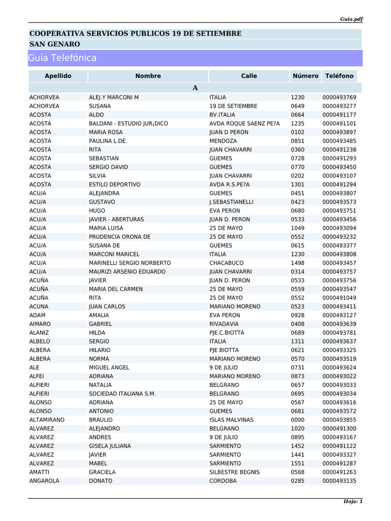 Guía Telefónica San Genaro | PDF