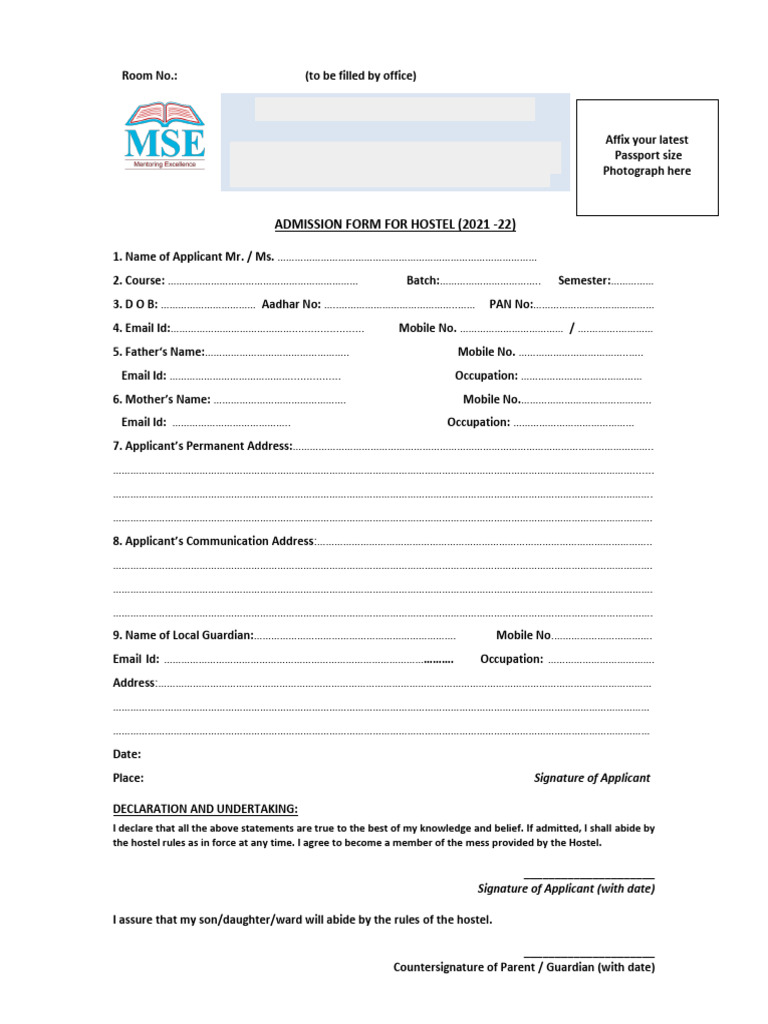 MSE Hostel Admission Form 2021-22 | PDF | Government And Personhood