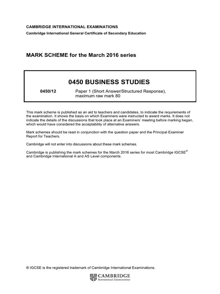 0450 Business Studies: MARK SCHEME For The March 2016 Series | PDF ...