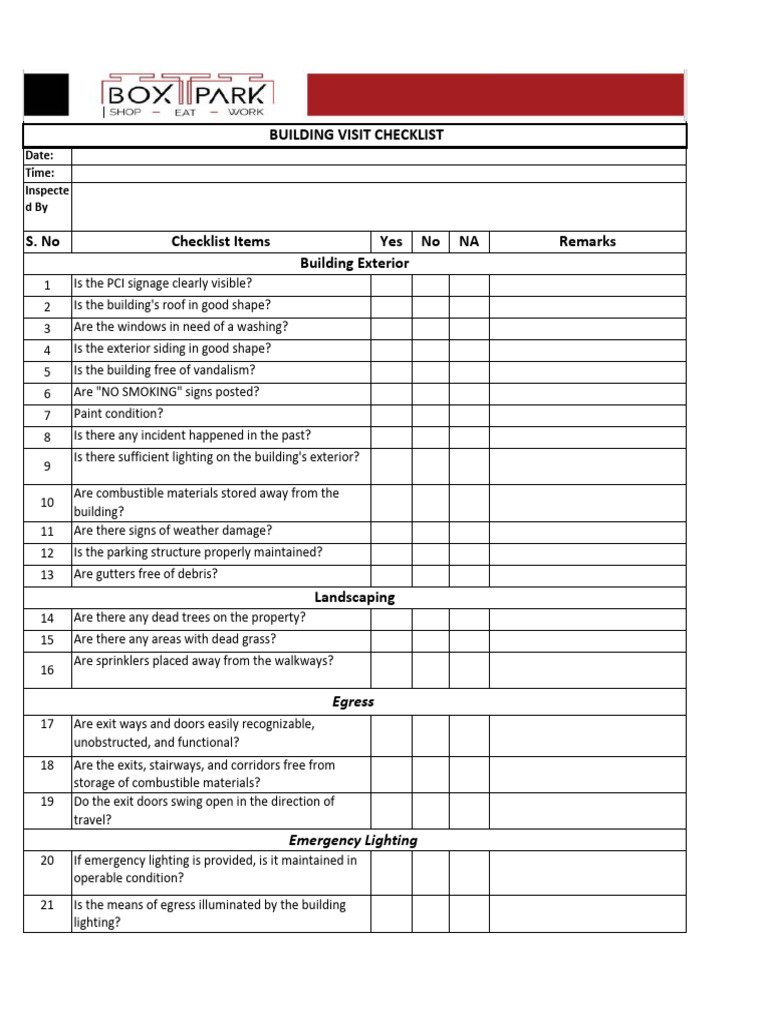 Building Visit Checklist | PDF | Fires | Firefighting