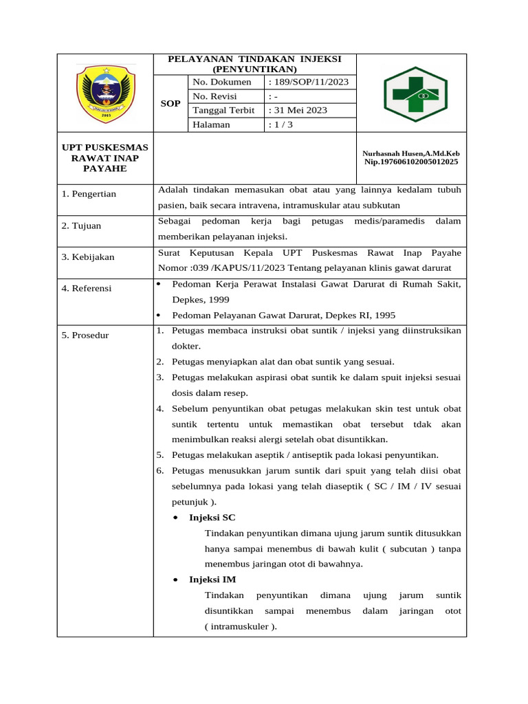 Sop Tindakan Injeksi | PDF