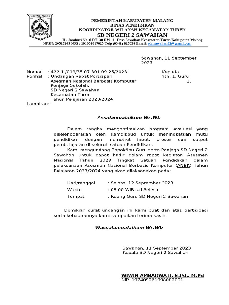 Undangan, Daftar Hadir, Notulen, Rapat Dan Berita Acara ANBK 2023 | PDF