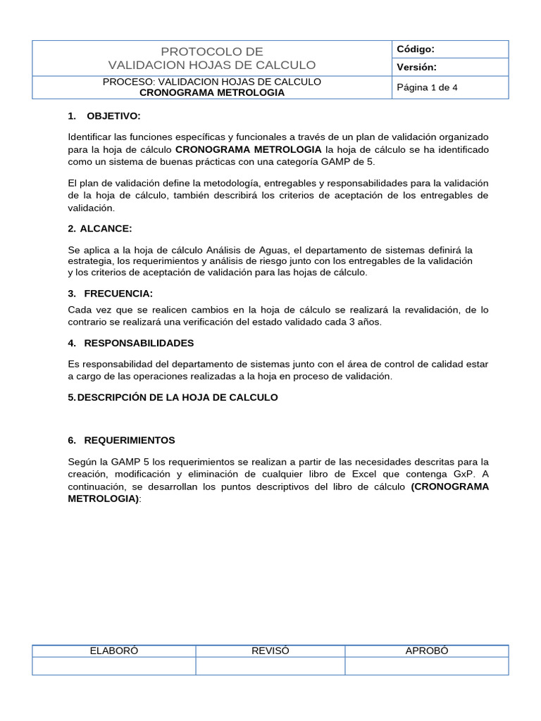 Protocolo de Validacion | PDF | Calendario | Hoja de cálculo
