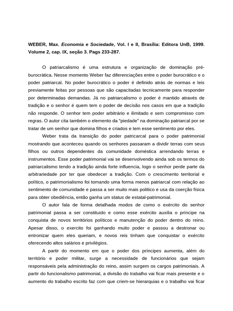 Dominação Patriarcal e Patrimonialismo em Weber | PDF | Poder (social e ...