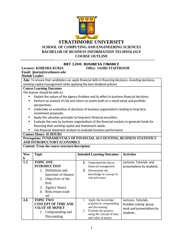 BF-BBIT Course Outline 2023 | PDF | Valuation (Finance) | Risk