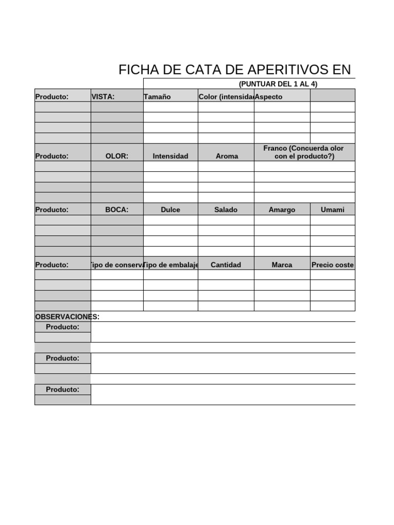 Ficha cata de aperitivos en conserva | PDF | Aceite de oliva | Umami