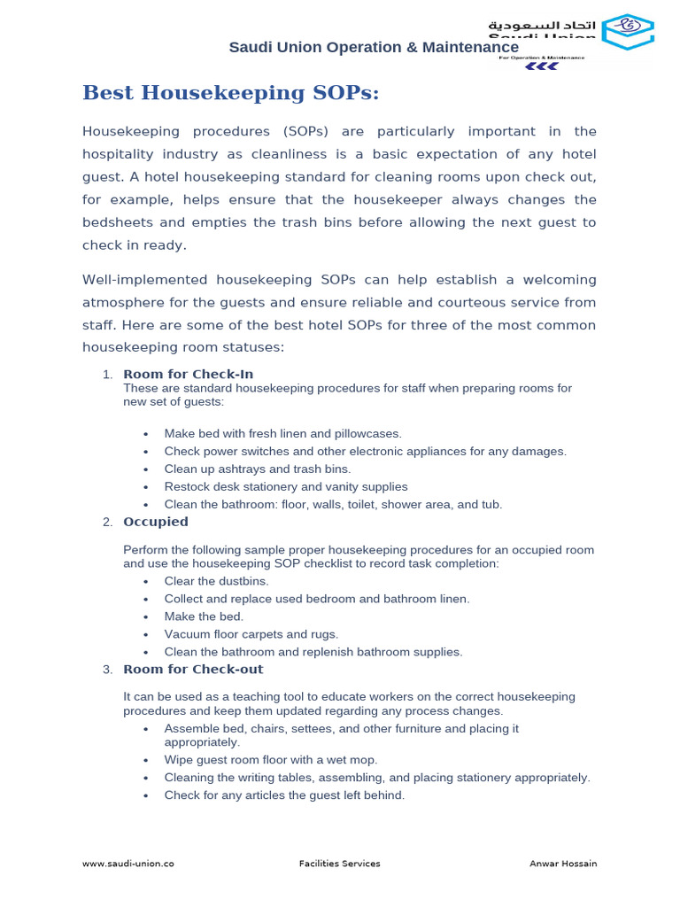 SOPs Several Unit Saudi Union | PDF | Housekeeping
