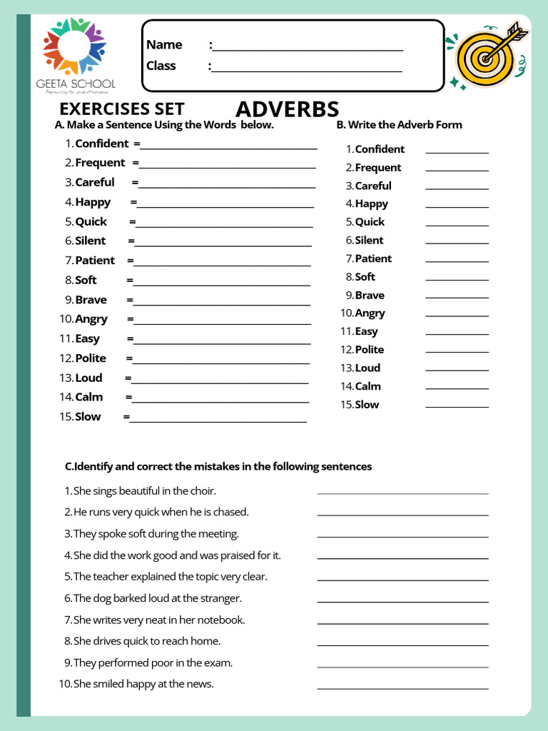Adverbs Exercise Worksheet Green Cute Simple Style | PDF | Adverb