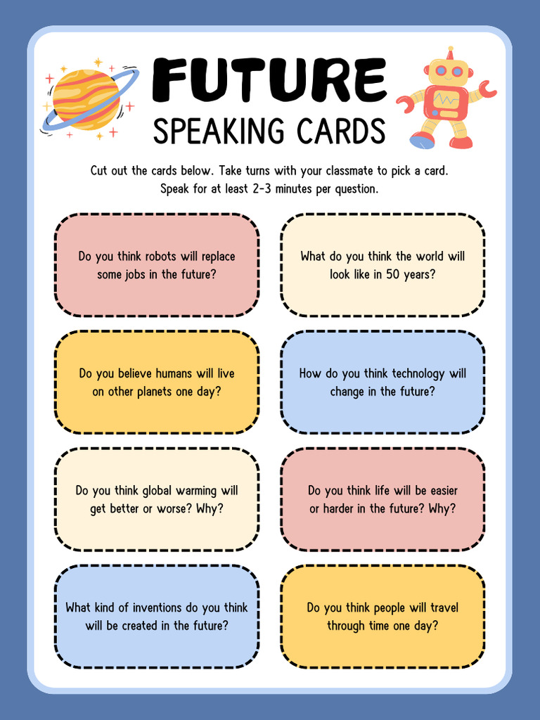 Future Predictions Speaking Cards Template in Blue Orange Simple Style ...