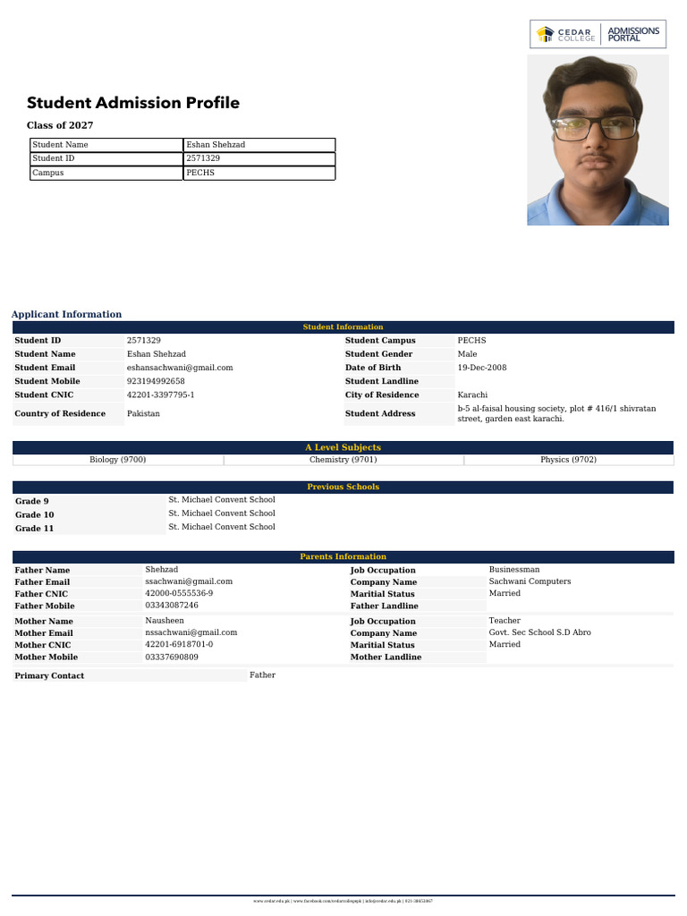 Student Profile: Eshan Shehzad | PDF