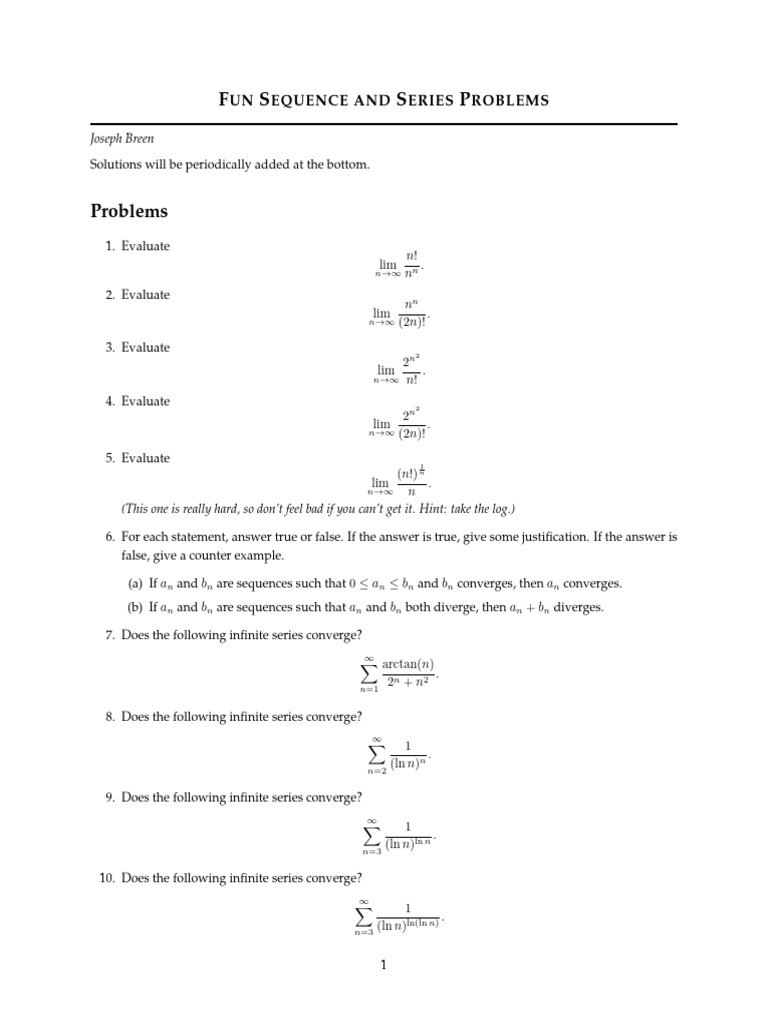 Fun Problems on Sequences and Series | PDF | Series (Mathematics ...