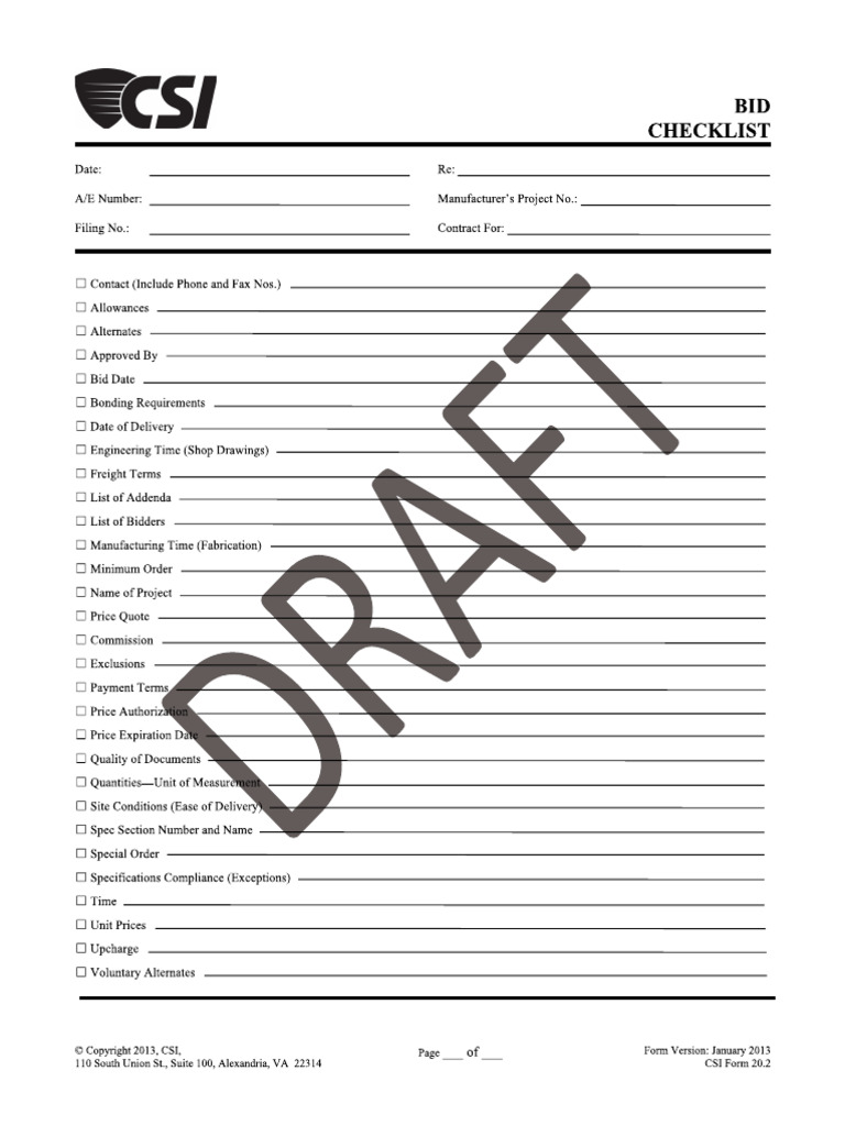 CSIForm 20 2 Bid Checklist | PDF