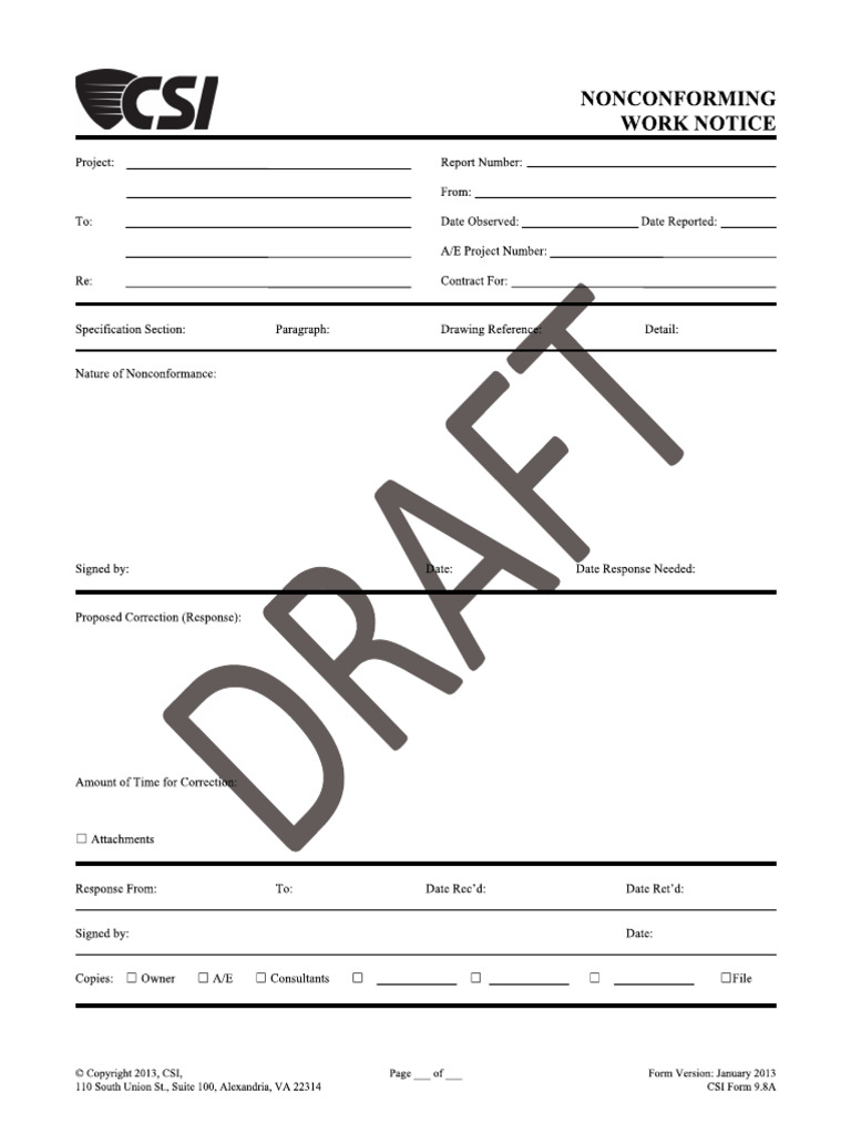 CSIForm 09 8A Nonconforming Work Notice | PDF