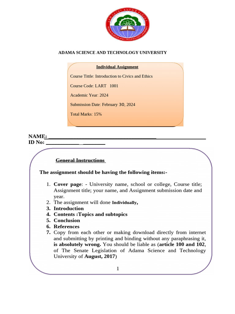 Civics and Ethics Assignment Cover Page | PDF | Political Science