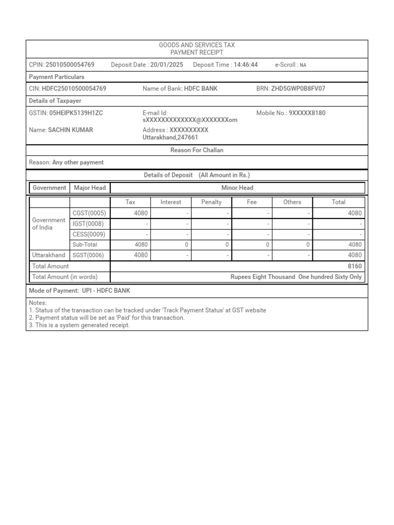 GST Payment Receipt for Sachin Kumar | PDF