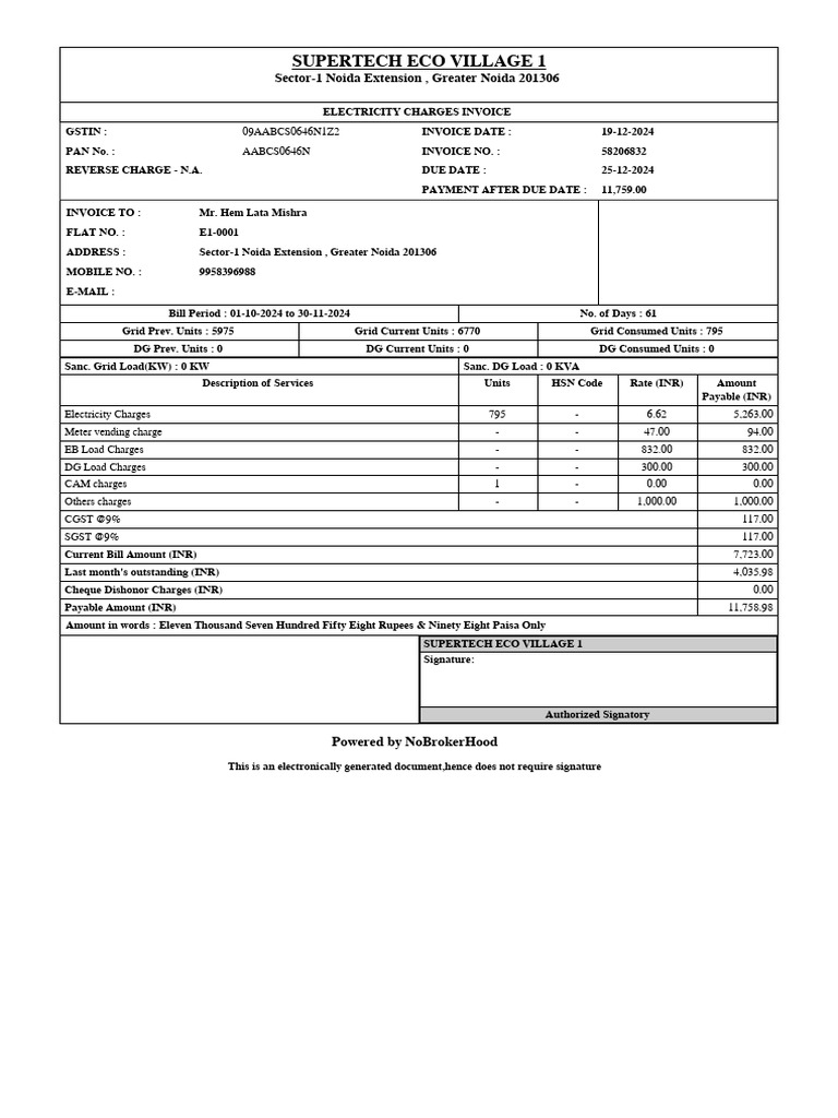 Electricity Charges Invoice 58206832 1734609707 | PDF | Electric Power