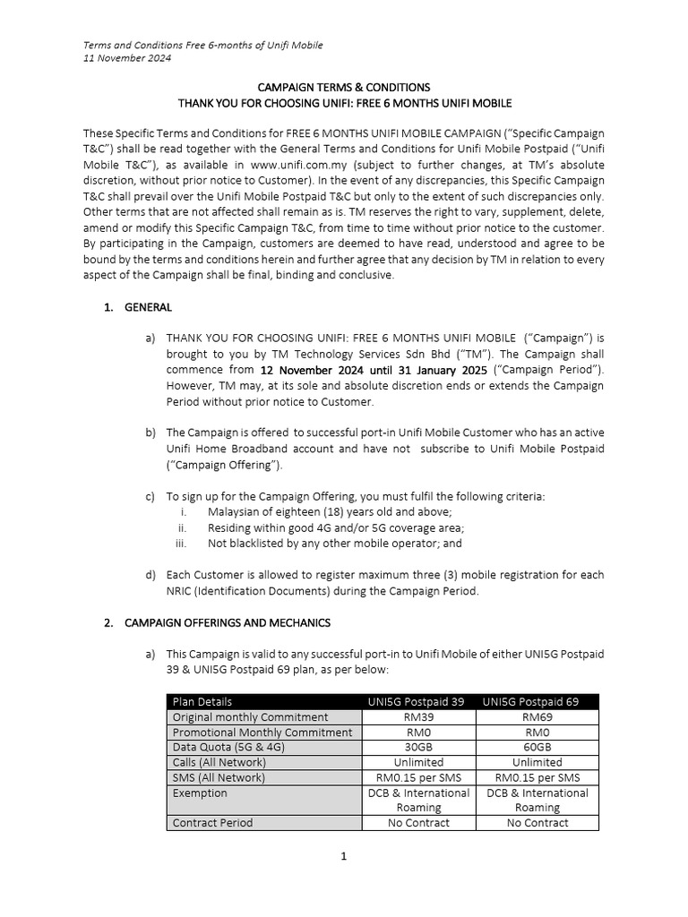TNC Free 6 Months Unifi Mobile Campaign | PDF | Indemnity | Legal Liability