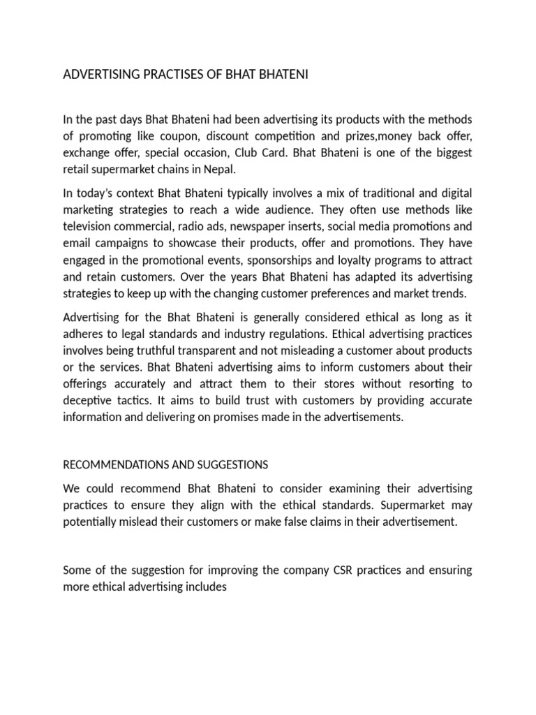 Bhat Bhateni's Advertising Practices Overview | PDF | Corporate Social ...