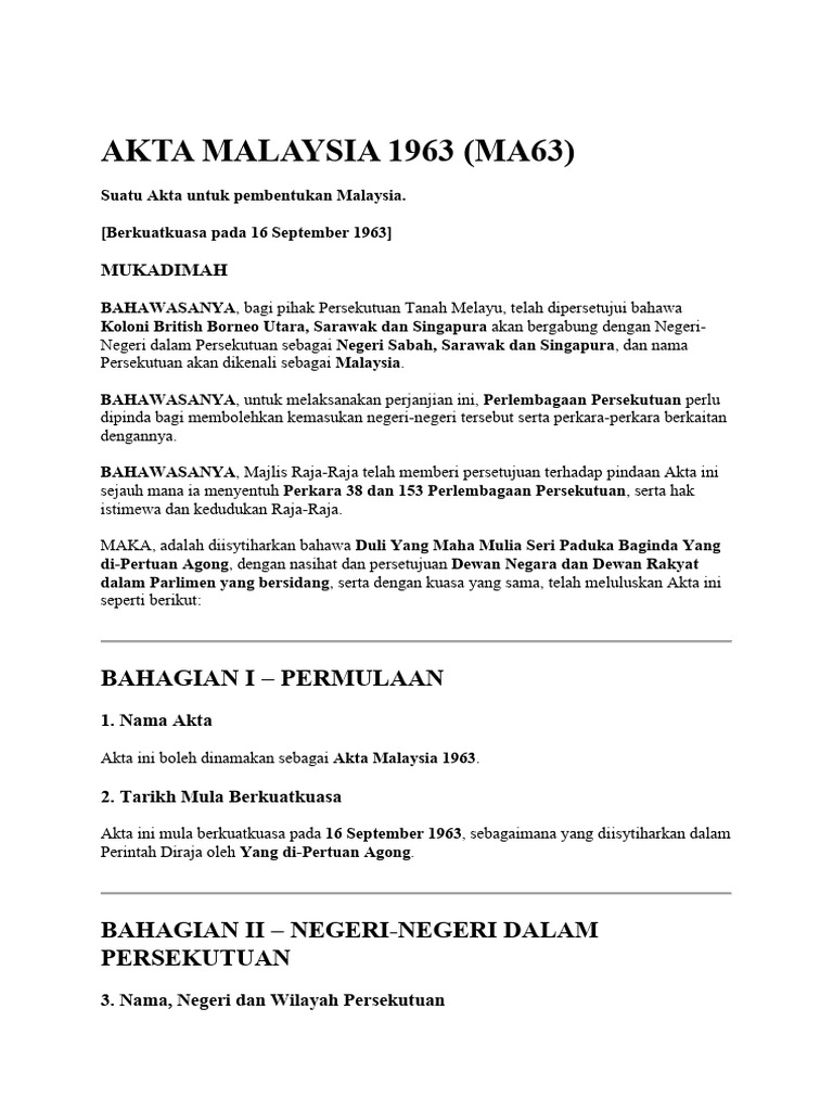 Dokumen Malaysia Agreement 1963 | PDF