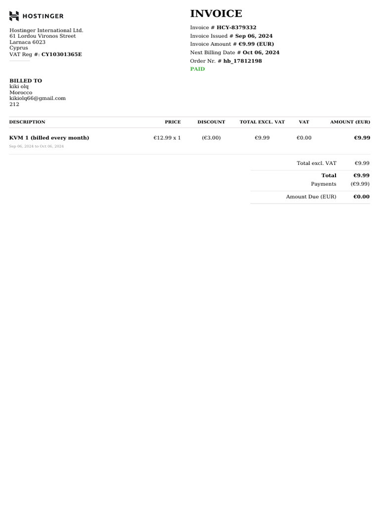 Hostinger Invoice Details Sep 2024 | PDF