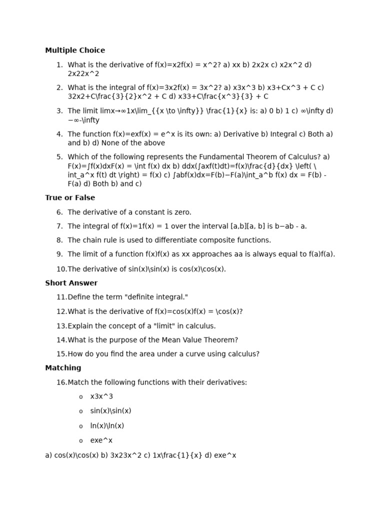 Basic calculus quiz | PDF