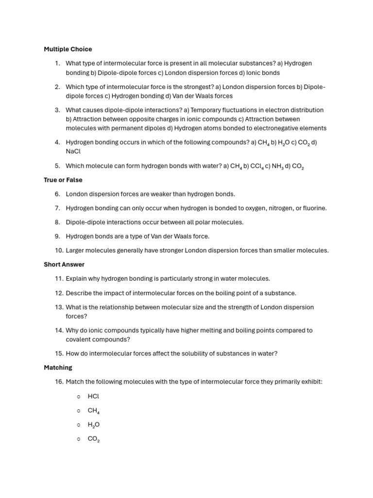 Intermolecular Forces: MCQs and Concepts | PDF